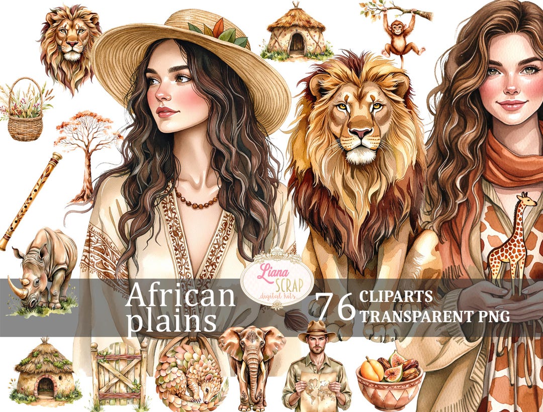 African Safari Clipart Set – Watercolor Animals & People (PNG) - Etsy