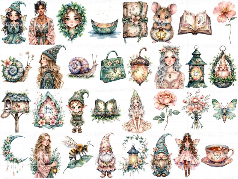 Watercolor Gnome Clipart Set – Fairies, Mushrooms, Woodland PNG (98 ...