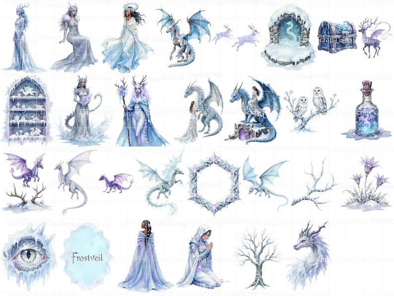Frostveil Spirit Dragons 95 Clipart Set - Watercolor Ice Dragons ...