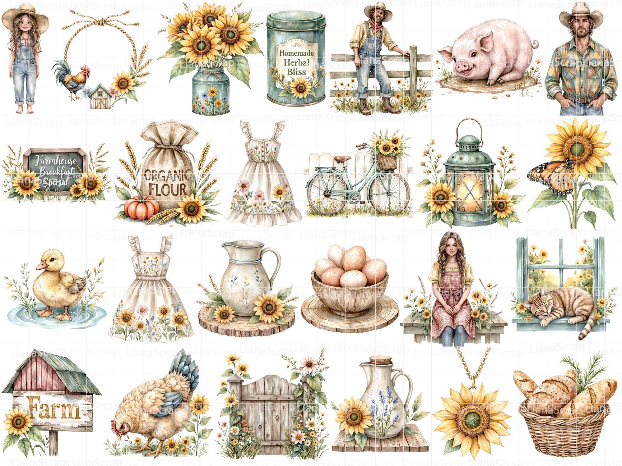 Farm Life Clipart Set - Watercolor Farm Animals, Sunflowers, Country ...