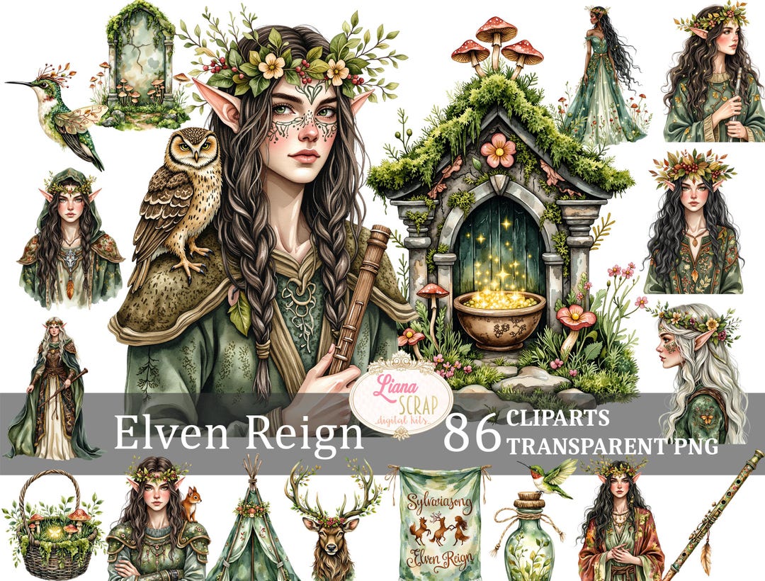Elven Reign 86 Clipart Set Transparent PNG Forest Elf Digital Art ...