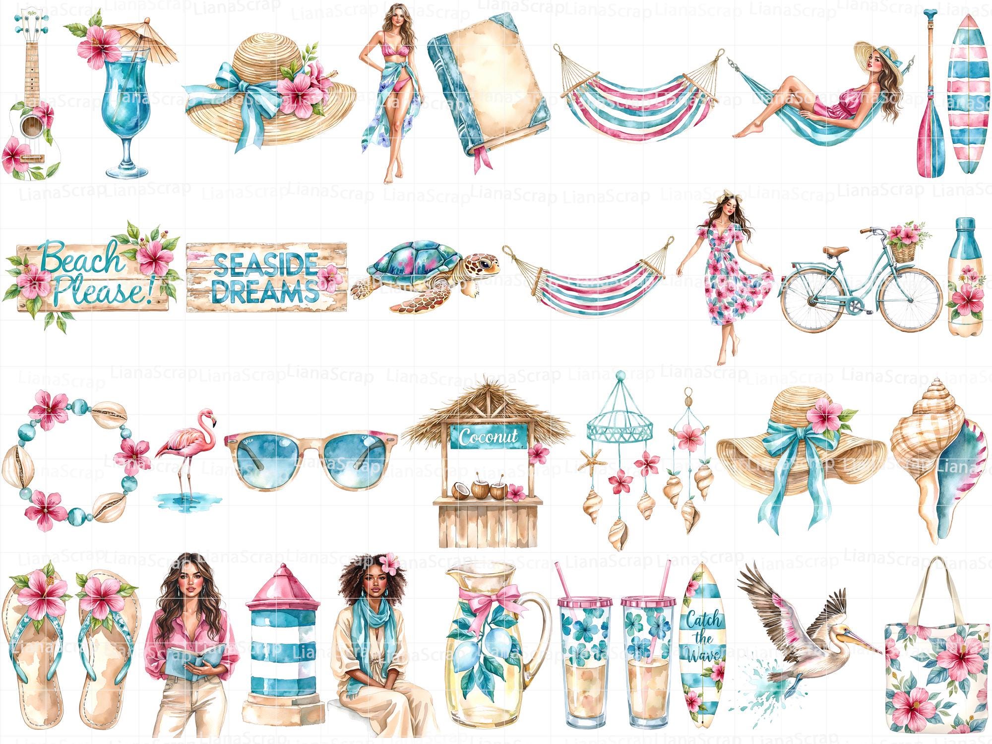 Watercolor Beach Clipart Set – Summer Vacation Graphics (PNG) - Etsy