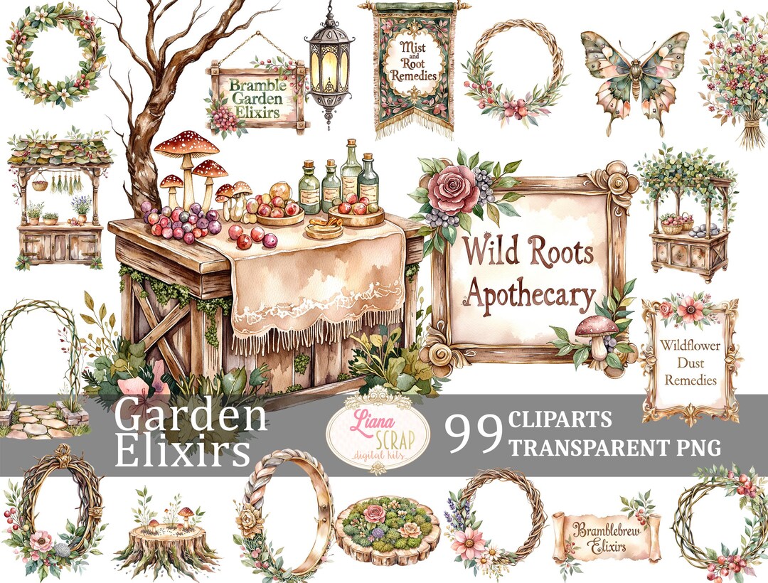 Garden Elixirs 99 Clipart Set Botanical Herbs Floral Graphics ...
