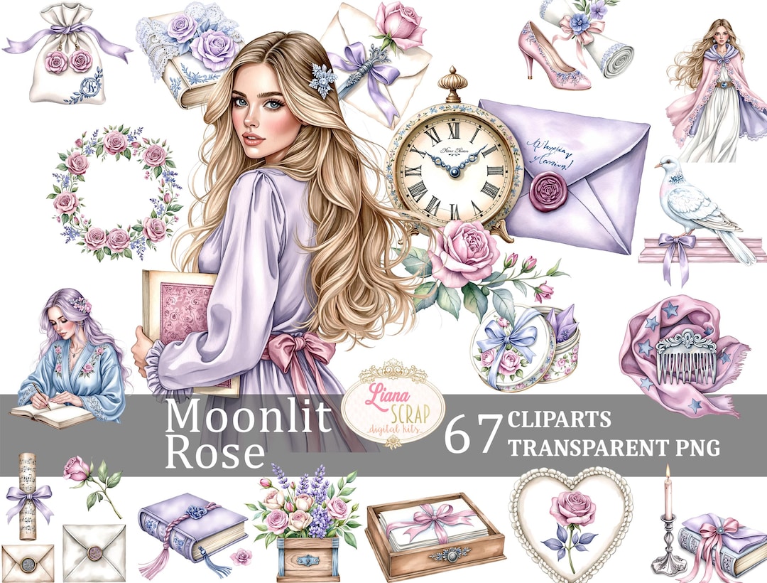 Moonlit Rose Clipart Set - 67 Floral PNG Images - Digital Paper Crafts ...