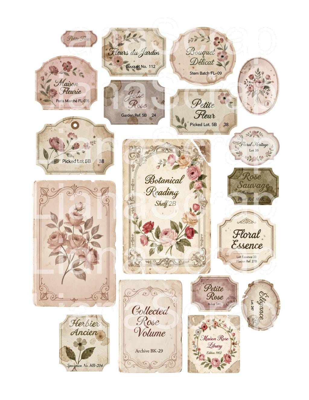 French Atelier Labels and Ephemera, Vintage Floral Junk Journal Kit ...