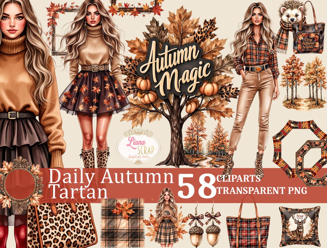 Autumn Clipart Set – Tartan Plaid, Watercolor Fall Elements (PNG) - Etsy