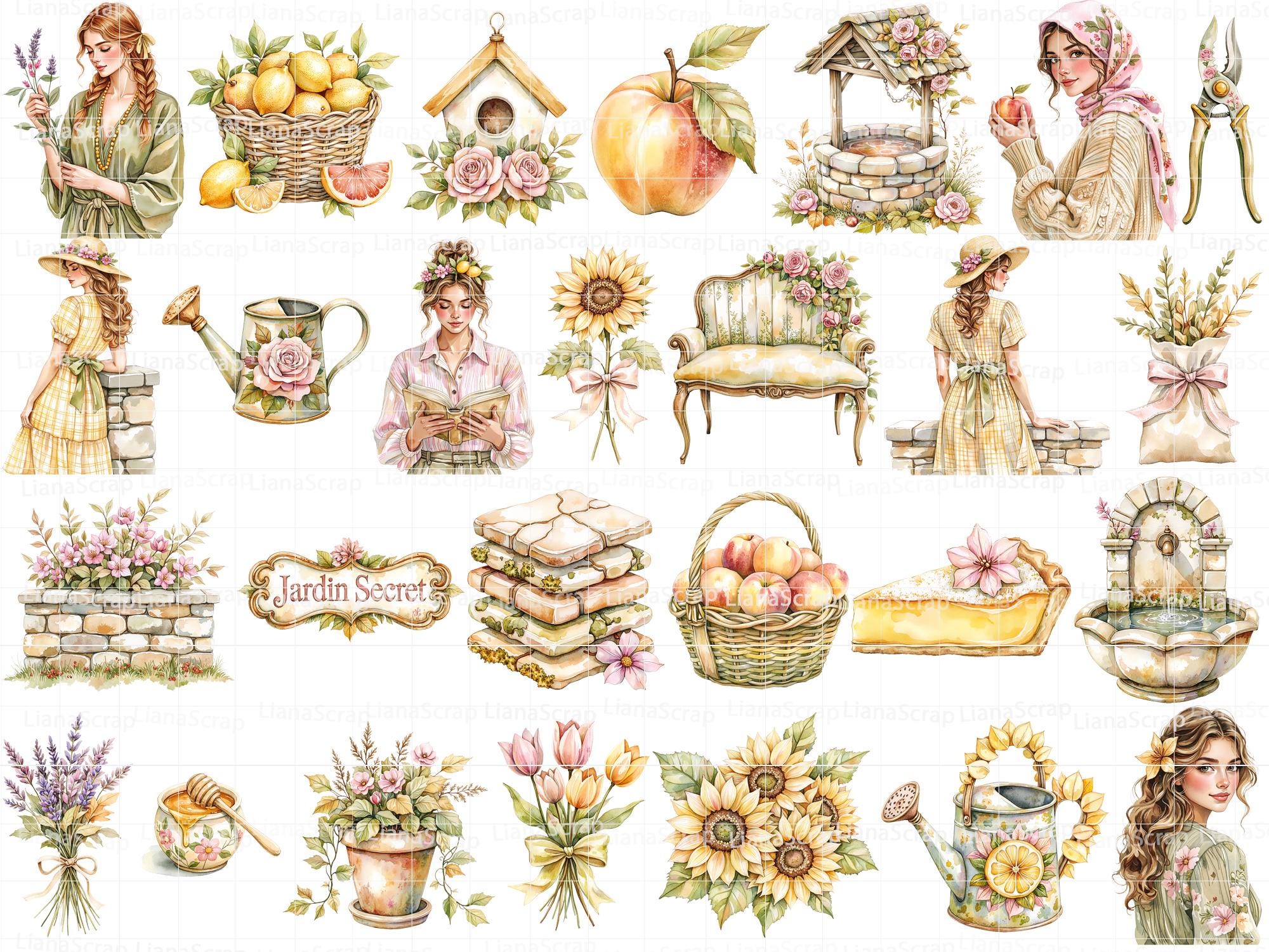 Watercolor Garden Clipart Set, Vintage Botanical Flowers, Women, Fruit ...