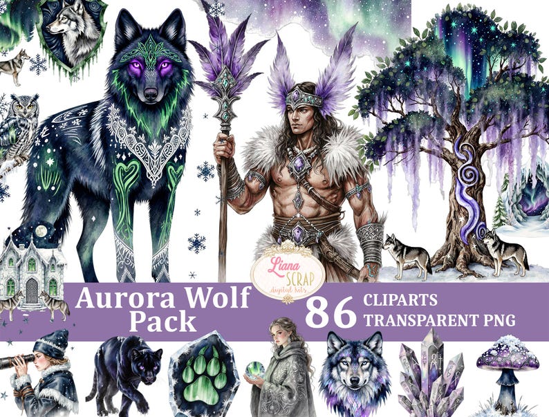 Aurora Wolf Pack - 86 Clipart Images - Watercolor Wolves, Fantasy Art ...