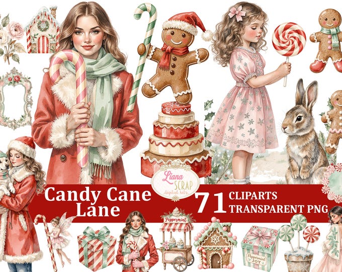 10 Candy Cane Lane Christmas Scene Watercolor Clipart Graphics ...