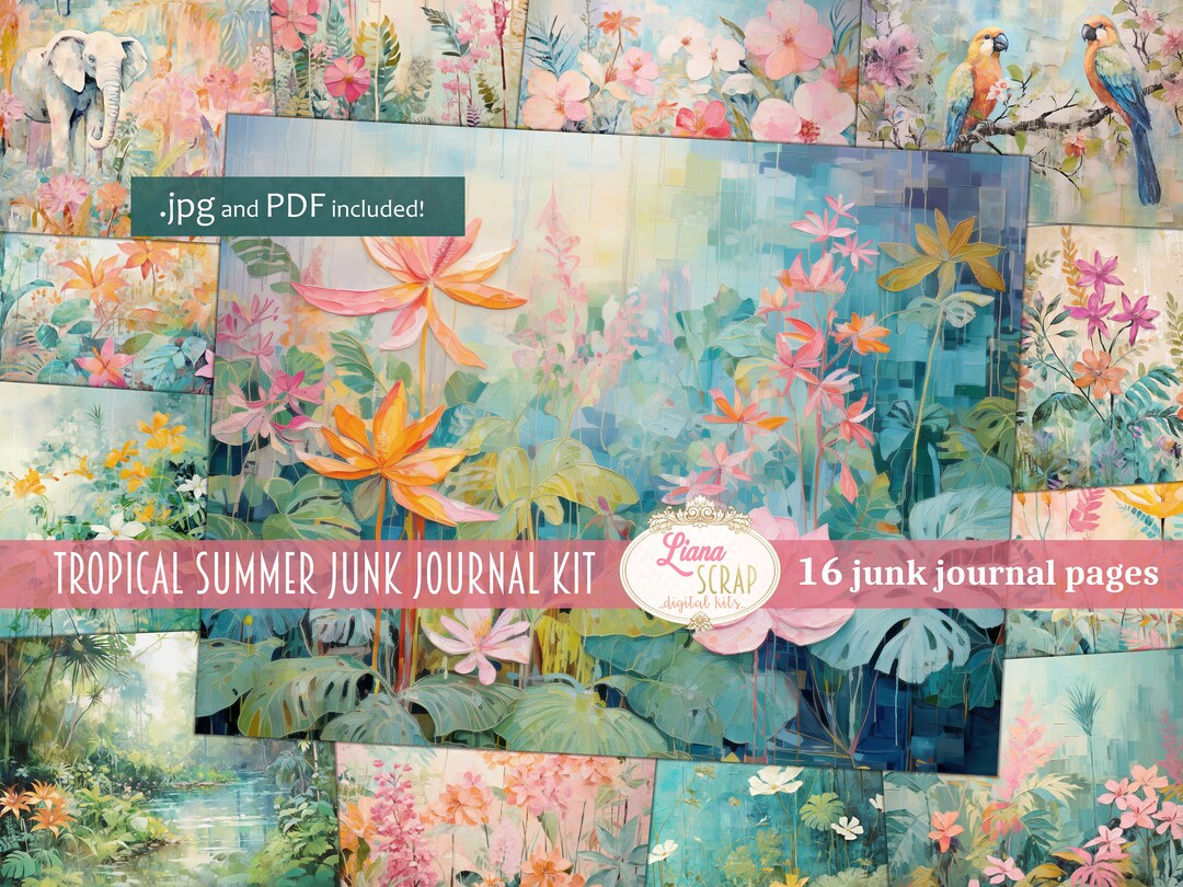 Tropical Summer Digital Junk Journal Background, Tropical Collage ...