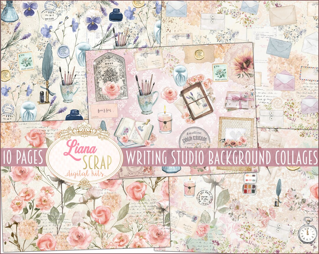 Writing Studio Background Collage Digital Kit Printable, Books and ...