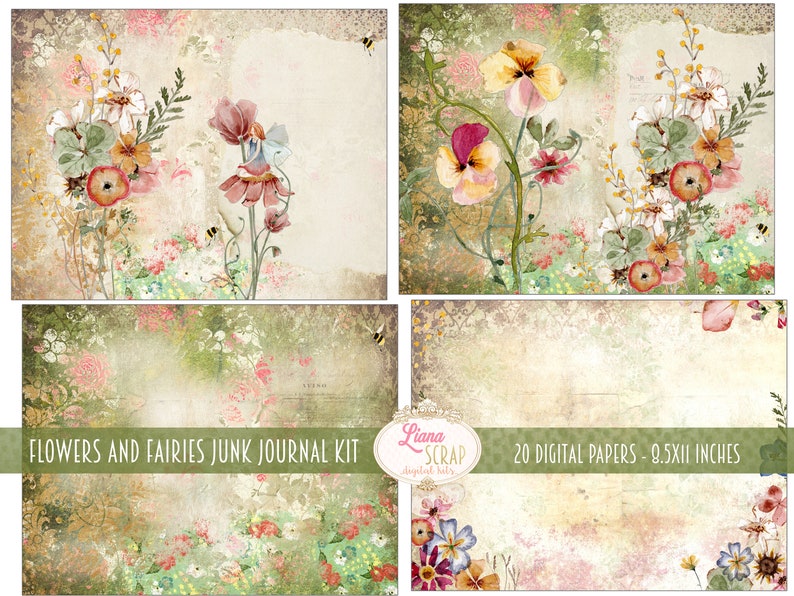 Fairy Junk Journal Kit, Floral Collage, Flowers, Mushrooms (digital ...