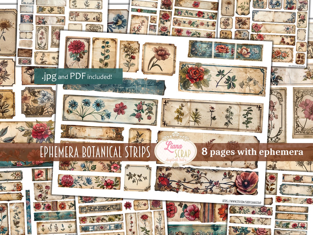 Botanical Strips Junk Journal Ephemera, Fussy Cuts Printable, Floral Digital Download ...