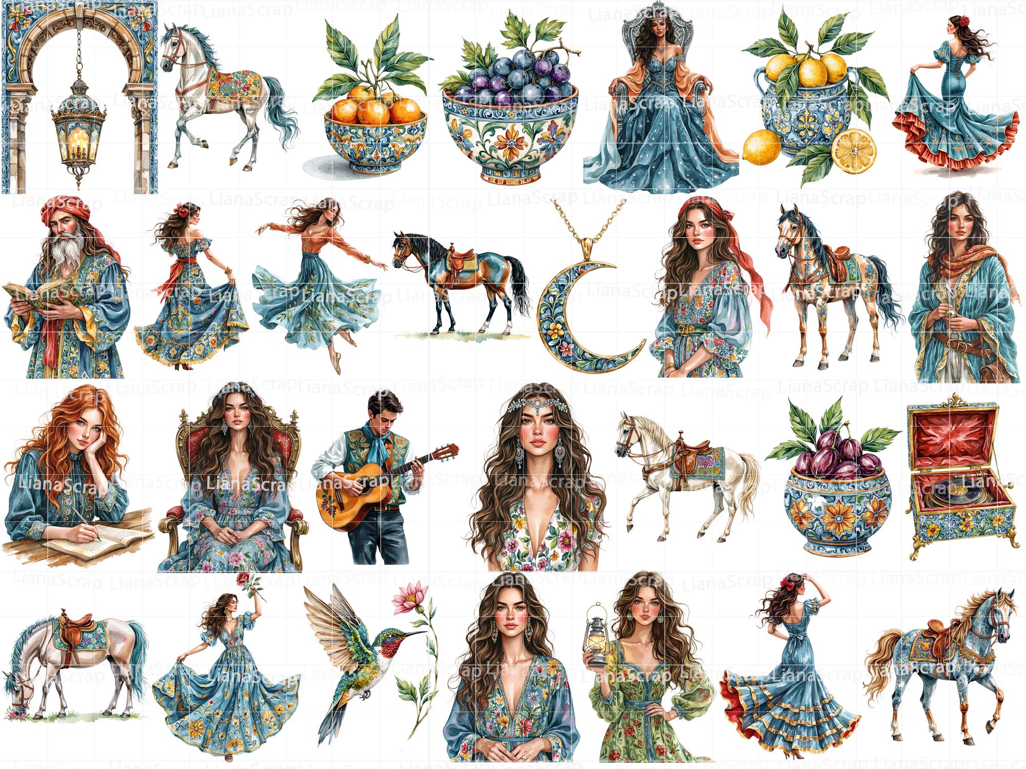 Andalusian Nights Watercolor Clipart Set – Horses, Women, Floral PNG ...