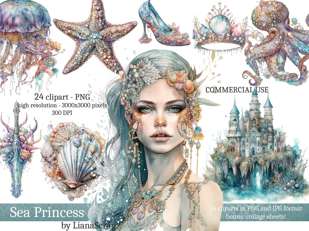 Sea Princess Clipart PNG Set, 24 Under the Sea Clipart, Commercial Use ...