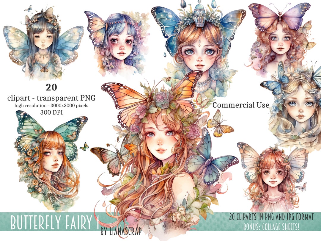 Butterfly Fairy Clipart PNG Set, 20 Fairy Clipart, Commercial Use Clip ...