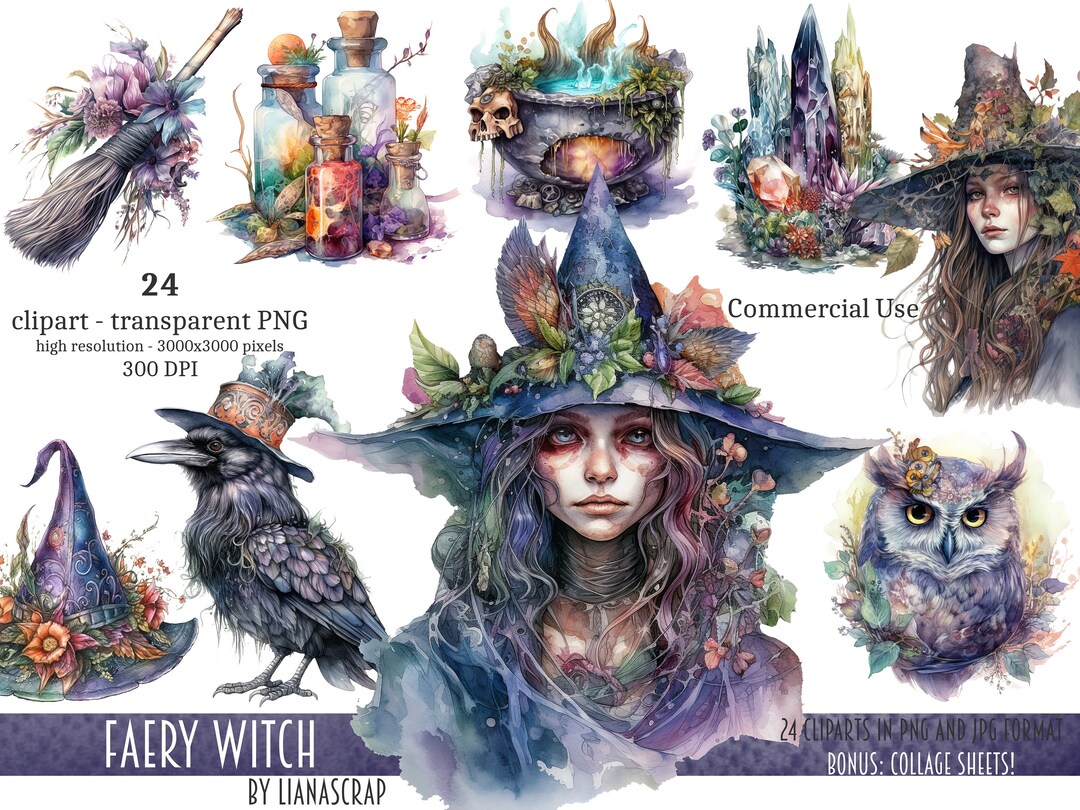 Faery Witch Clipart PNG Set, 24 Witch Clipart, Commercial Use Clip Art ...