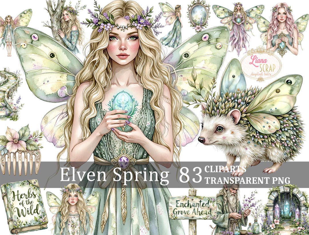 Elven Spring Clipart Fairies Woodland Creatures Flowers Digital Art ...