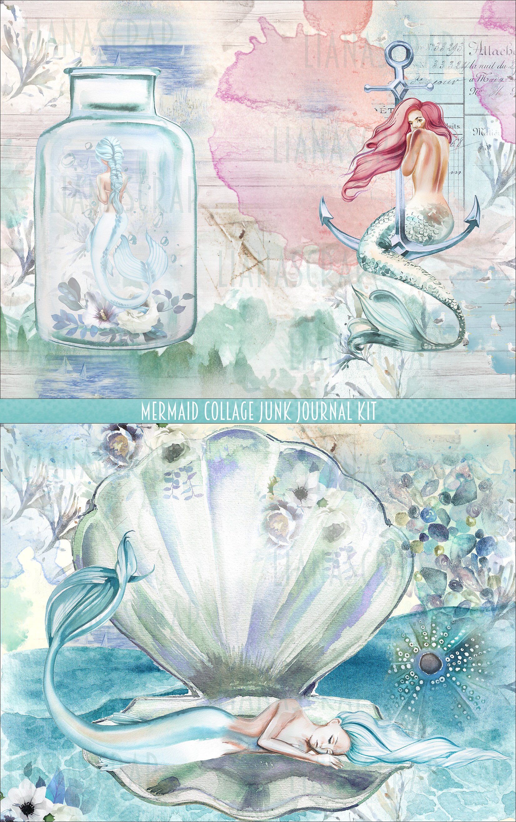 Mermaid Collage Junk Journal Kit Mermaids and Sea Life - Etsy