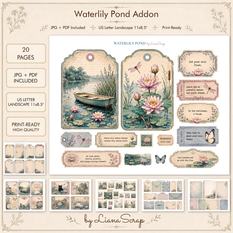 Waterlily Pond Ephemera Pages, Printable Junk Journal Add-on Set, 20 ...