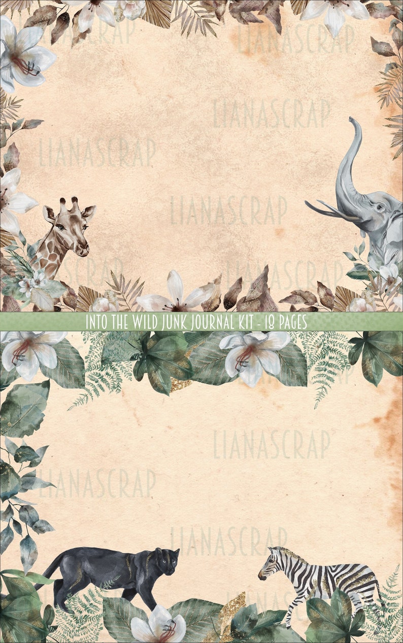 Savannah Junk Journal Kit, Safari Animals, Tropical Motifs (digital ...
