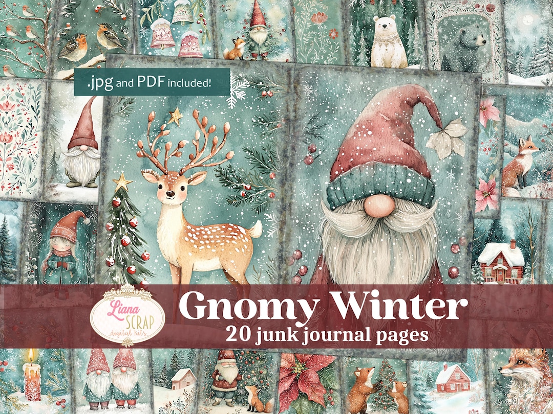 Gnomy Winter Junk Journal Paper, Magical Christmas Junk Journal, Gnome ...