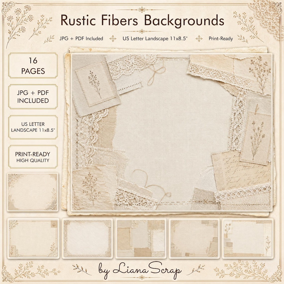 Rustic Fibers Junk Journal Background Papers, 16 Printable Sheets With ...
