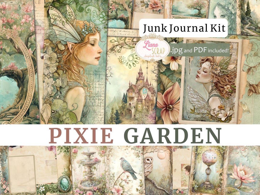 Pixie Garden Junk Journal Kit, Fantasy Collage Printable, Enchanted Fairy Forest, Scrapbook ...