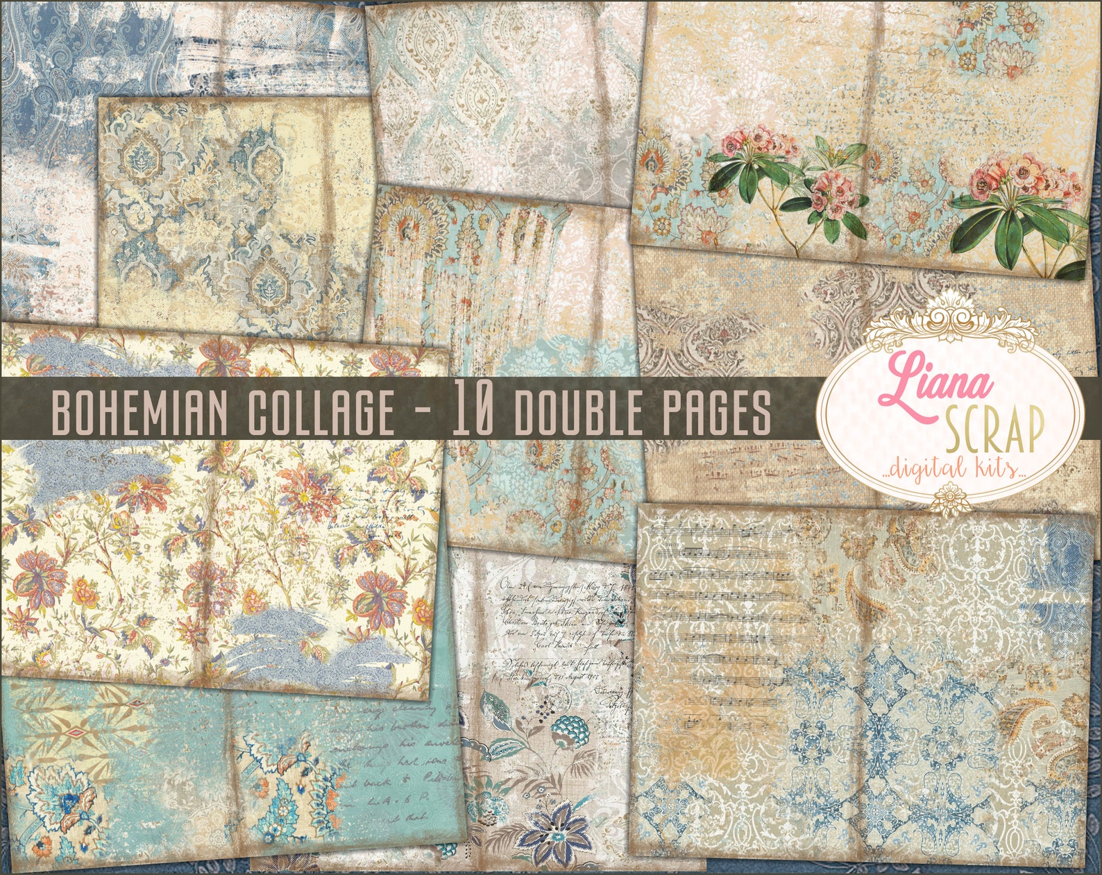 Bohemian Collage Junk Journal Digital Kit Printable Blue Boho | Etsy