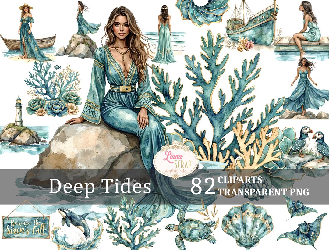 Ocean Mermaid Clipart Set, Watercolor Nautical Graphics (PNG) - Etsy