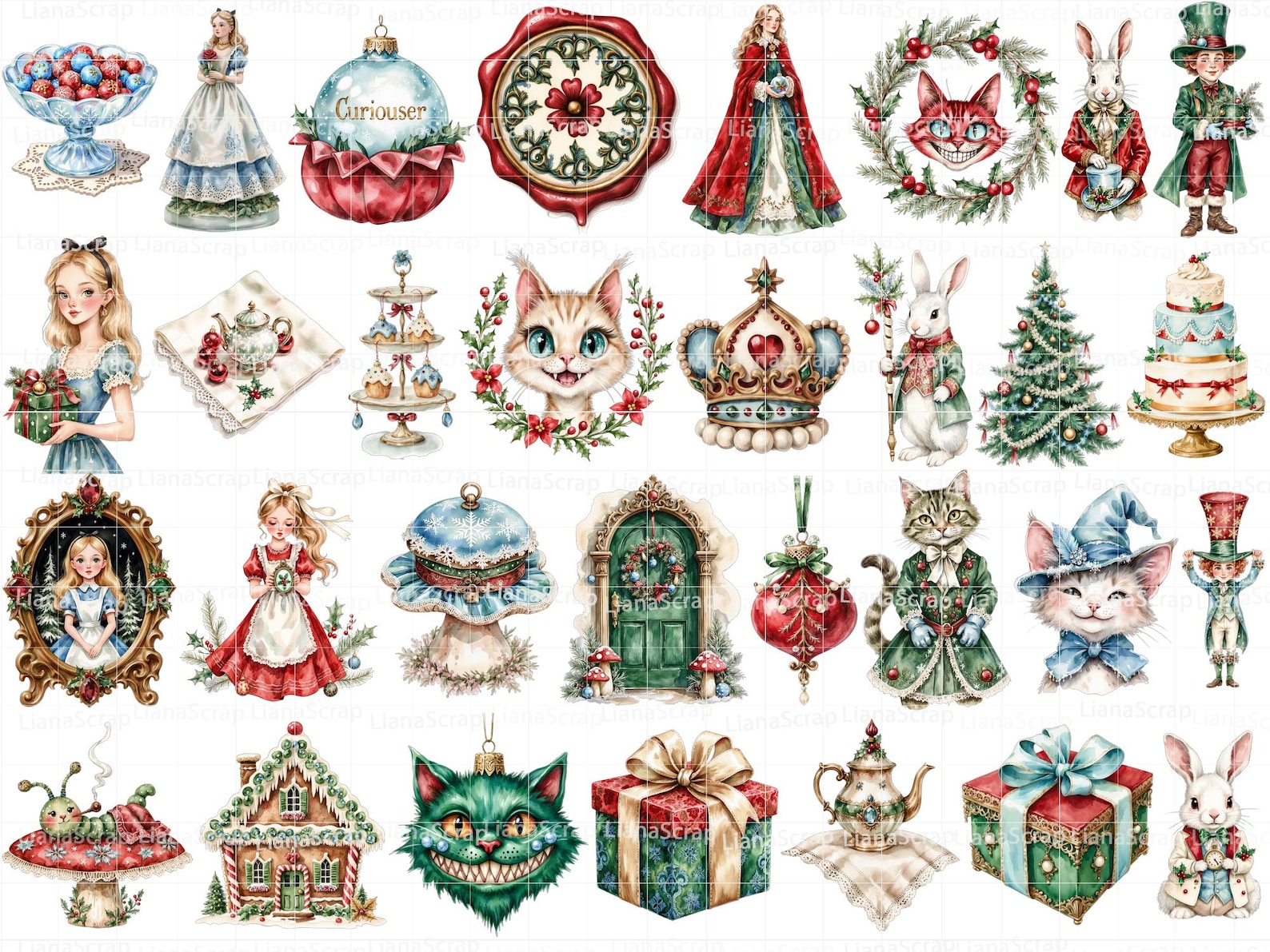 Alice in Christmas Wonderland 92 Clipart Set - Alice in Wonderland ...