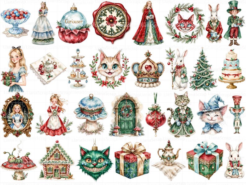 Alice in Christmas Wonderland 92 Clipart Set - Alice in Wonderland ...