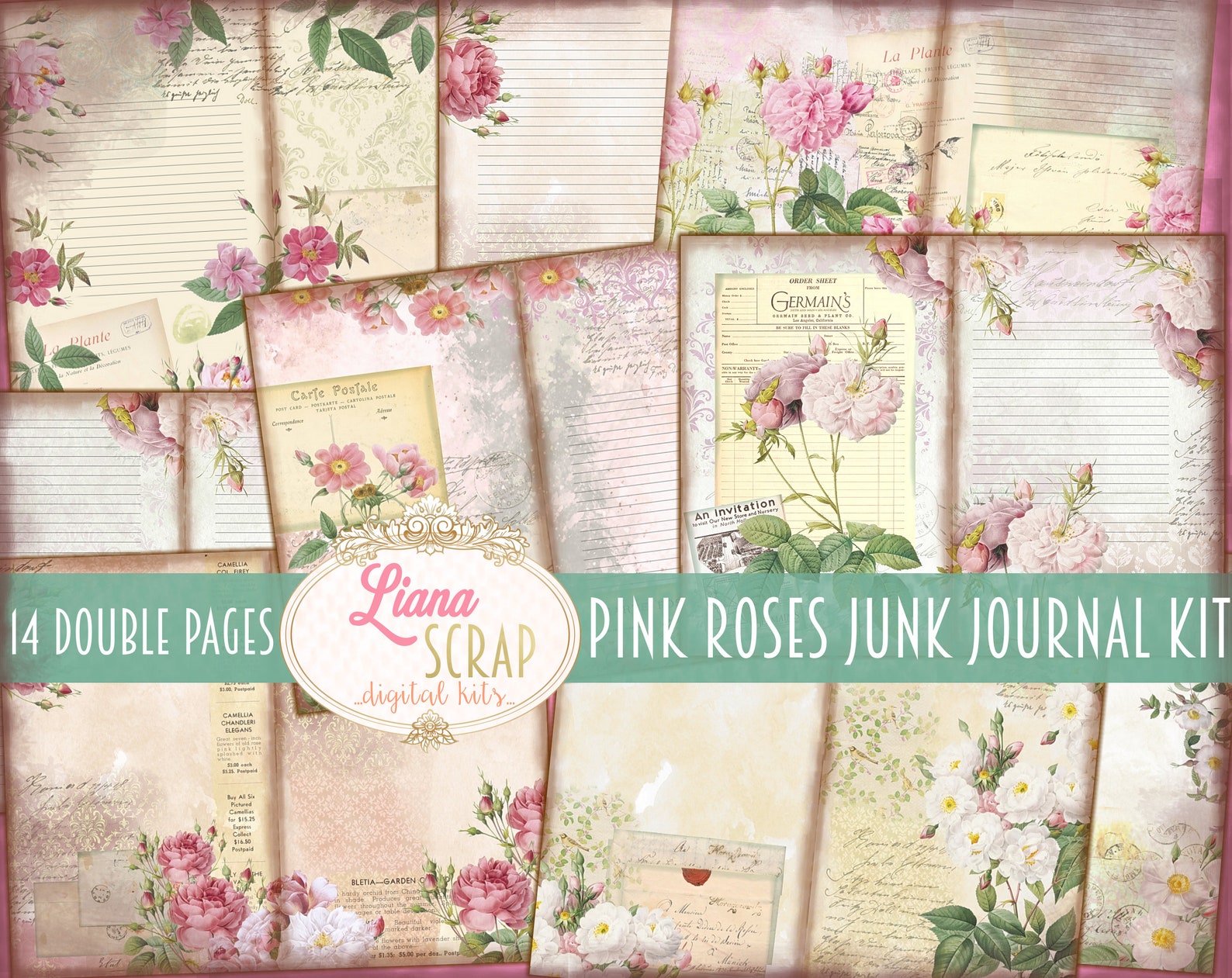 Pink Roses Junk Journal Digital Kit Printable Flowers and - Etsy