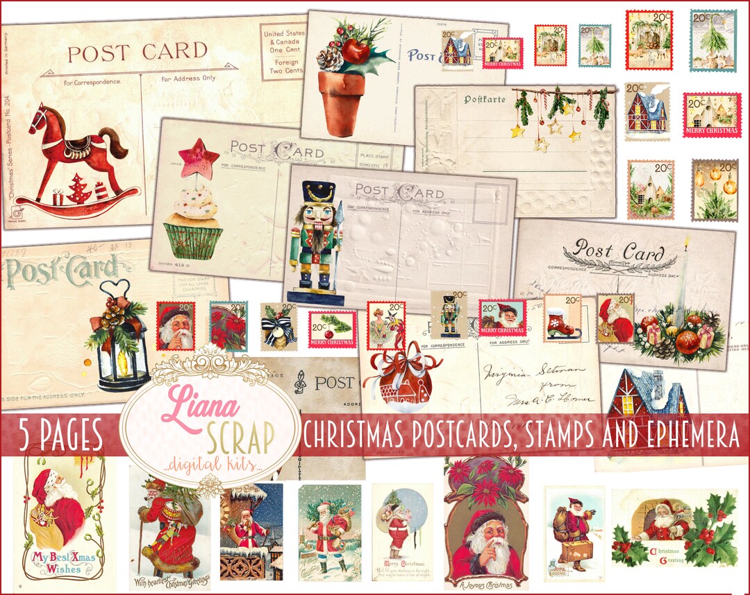 Vintage Christmas Postcards and Stamps, 5 Pages of Digital Printable ...