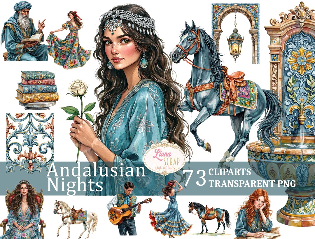 Andalusian Nights Watercolor Clipart Set – Horses, Women, Floral PNG ...