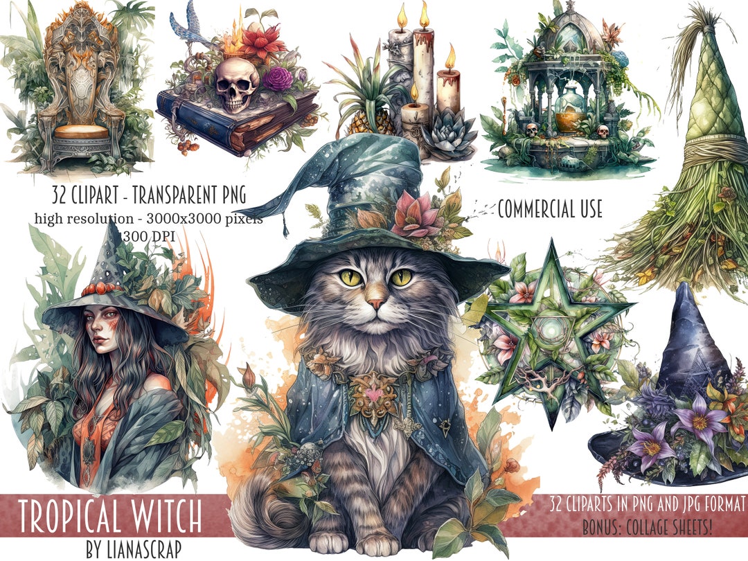 Tropical Witch Clipart PNG Set, 32 Witch Clipart, Magic Commercial Use ...