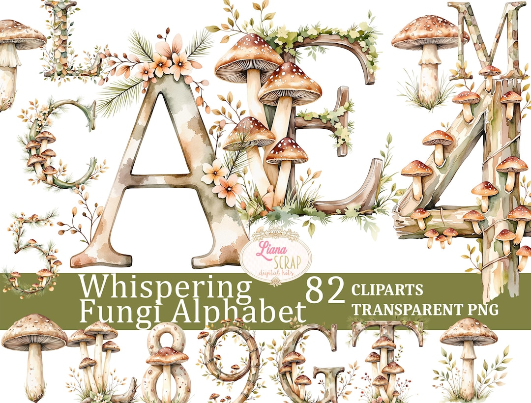 Watercolor Mushroom Alphabet Clipart - Fungi Letters & Numbers (PNG ...