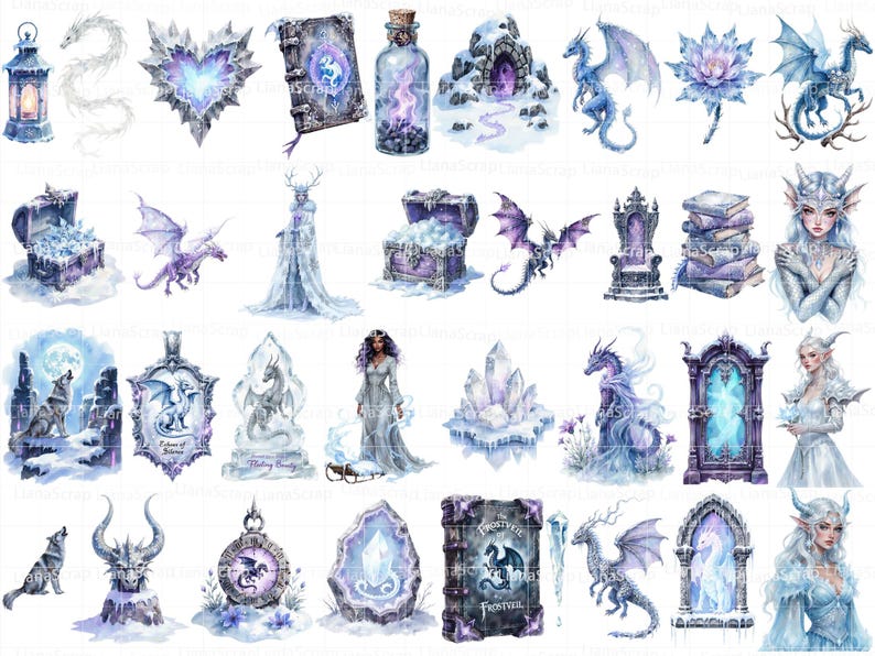 Frostveil Spirit Dragons 95 Clipart Set - Watercolor Ice Dragons ...