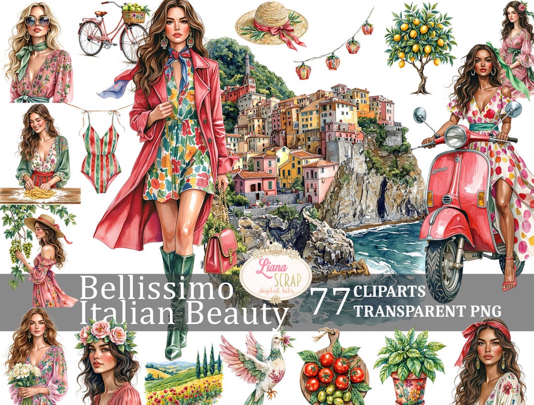 Italian Beauty Clipart: Vintage Fashion, Floral Design (77 PNG) - Etsy