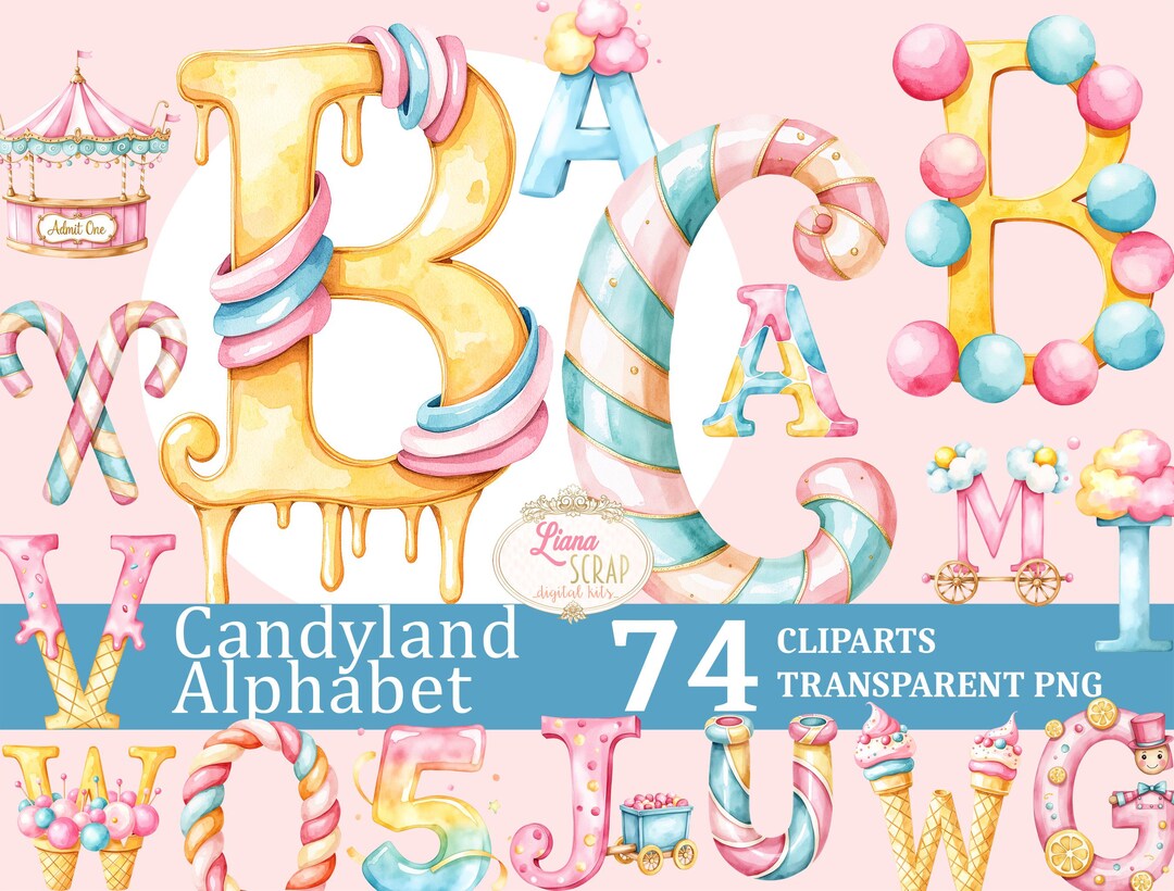 Candyland Alphabet 74 Watercolor Clipart Set - Sweet Treats, Digital ...