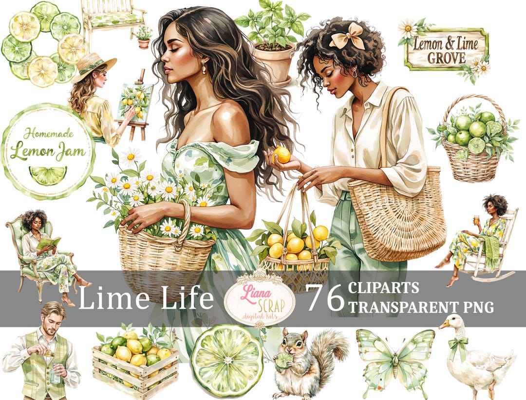 Lime Life 76 Digital Clipart Set, Watercolor Lemon PNG, Vintage Summer ...