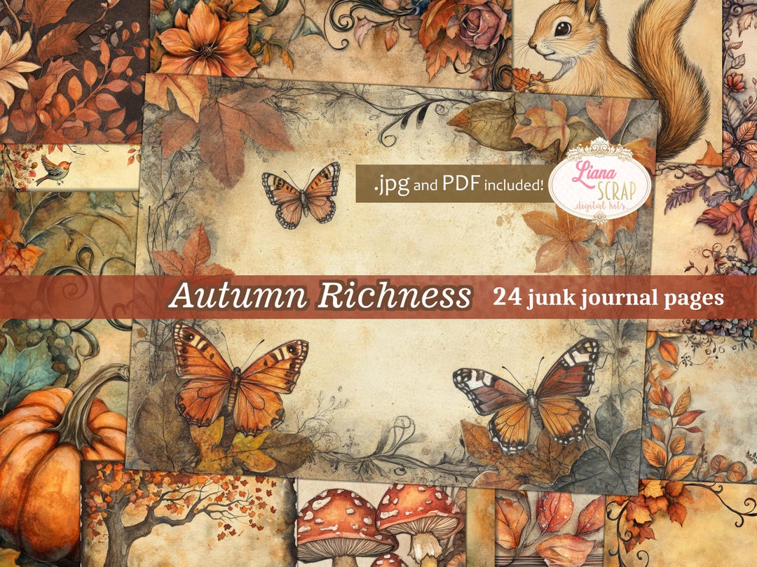 Autumn Richness Digital Junk Journal Background, Rusty Leaves Collage ...