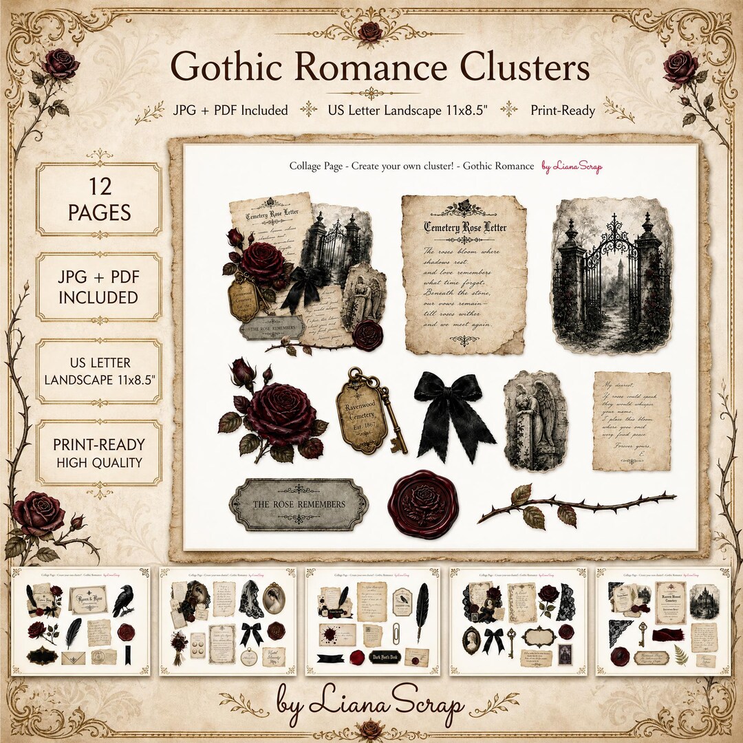Printable Junk Journal Clusters, 12 Gothic Romance Ephemera Cluster ...