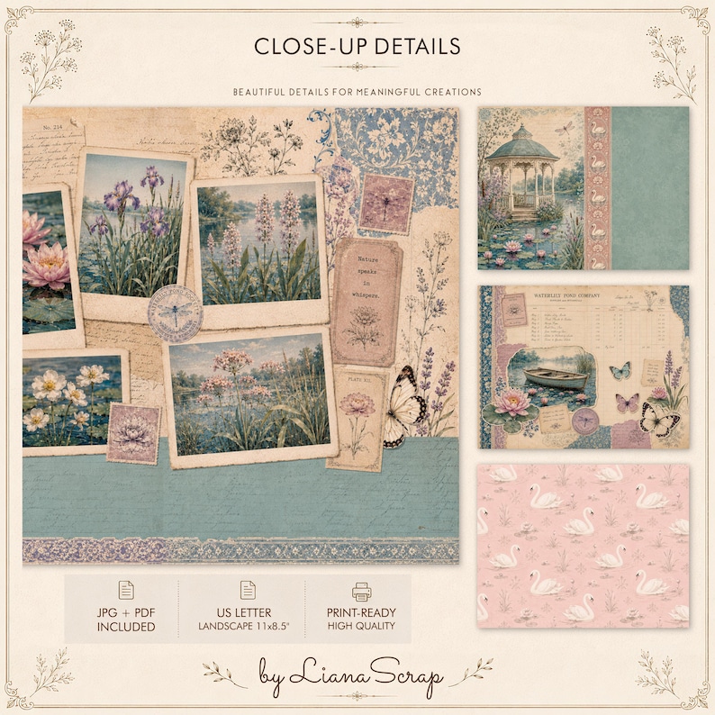 Waterlily Pond Botanical Backgrounds, Printable Junk Journal Pages, 34 ...