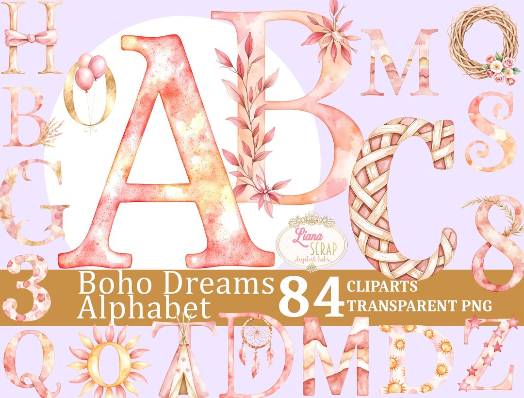 Boho Floral Alphabet Clipart Set – Watercolor Letters & Numbers (PNG ...
