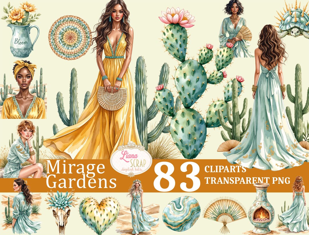 Mirage Gardens 83 Watercolor Clipart Set - Desert Boho Floral PNG ...