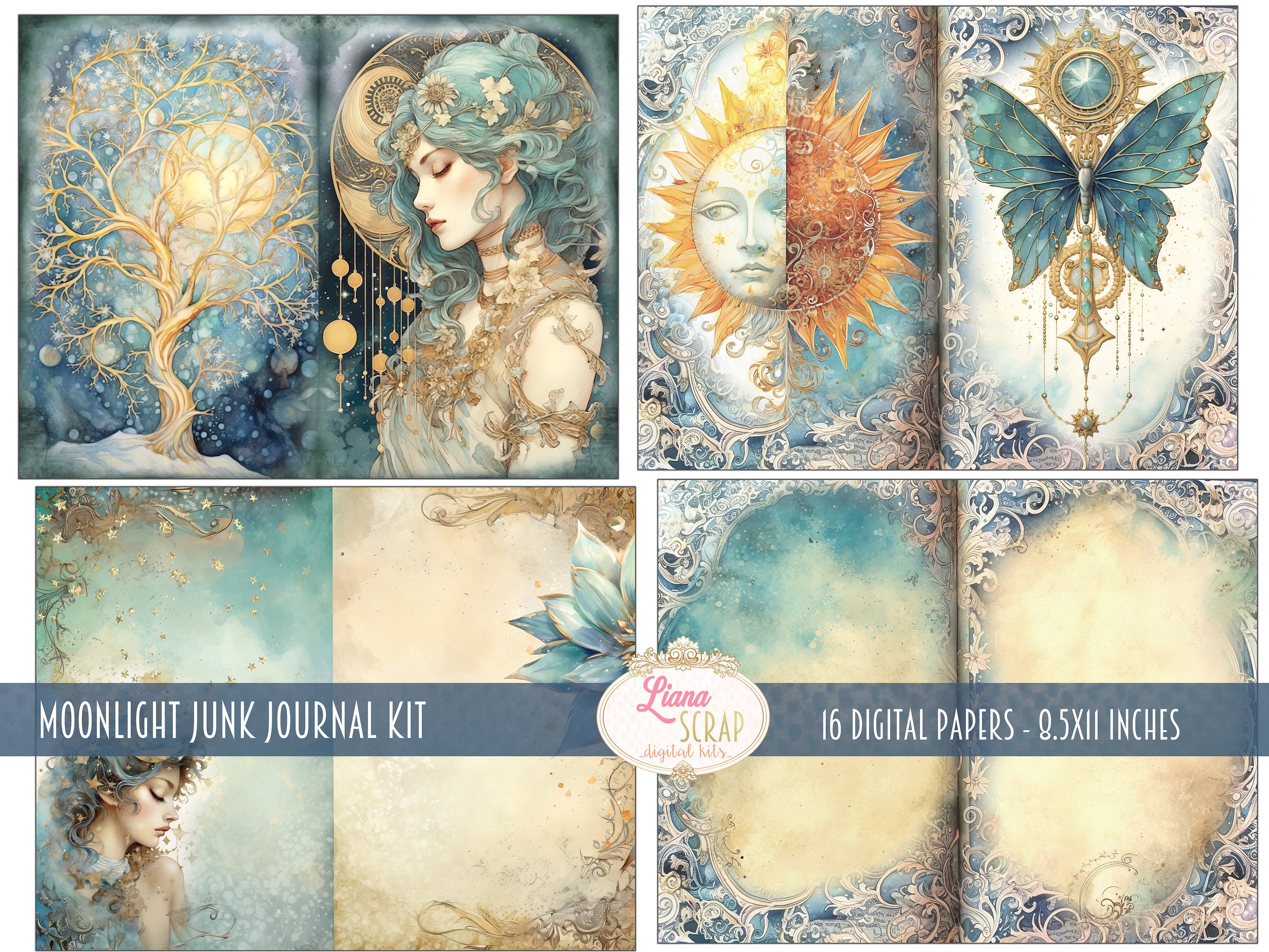 Moonlight Junk Journal Digital Kit Printable, Moon and Sun Celestial ...