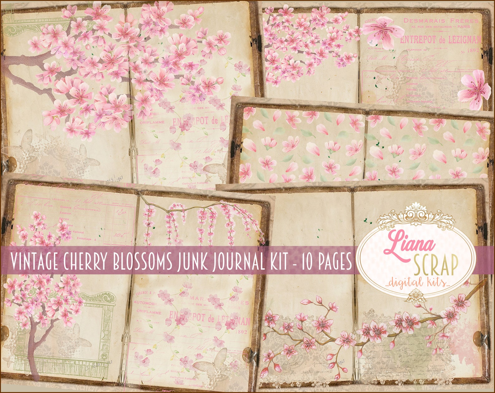 Vintage Cherry Blossoms Junk Journal Digital Kit Printable, Floral ...