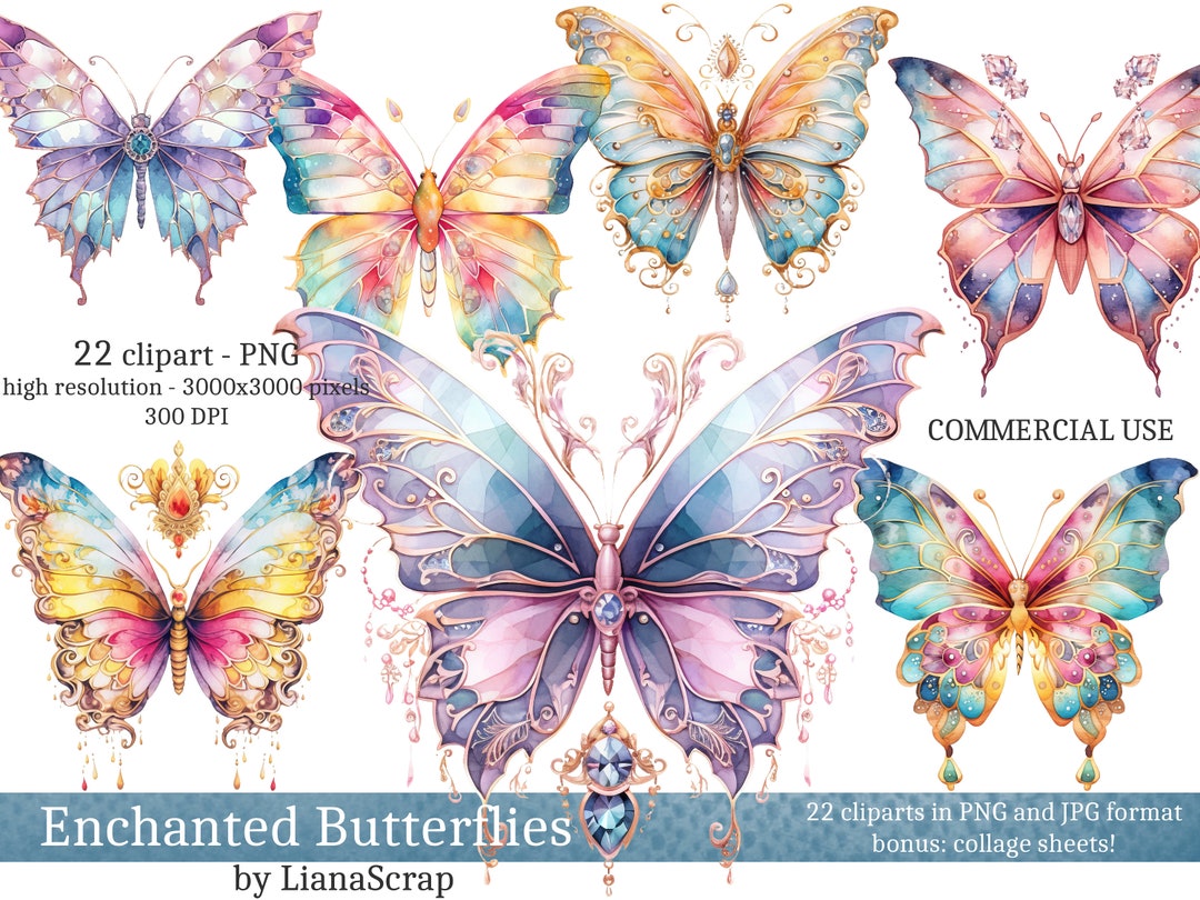 Enchanted Butterflies Clipart PNG Set, 22 Butterfly Clipart, Commercial ...