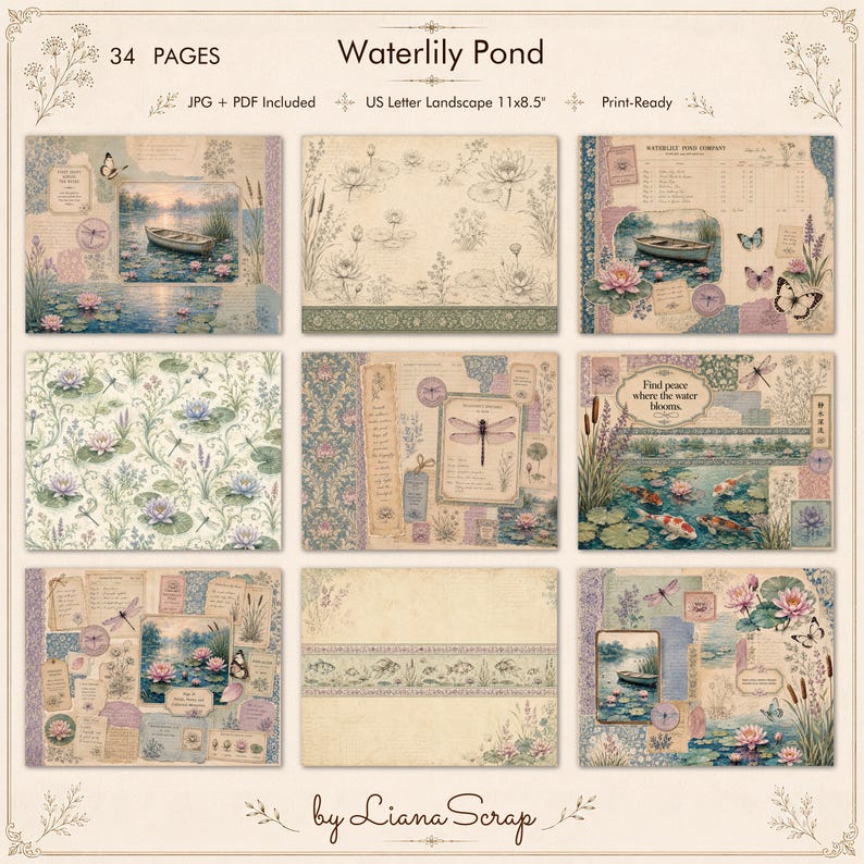 Waterlily Pond Botanical Backgrounds, Printable Junk Journal Pages, 34 ...